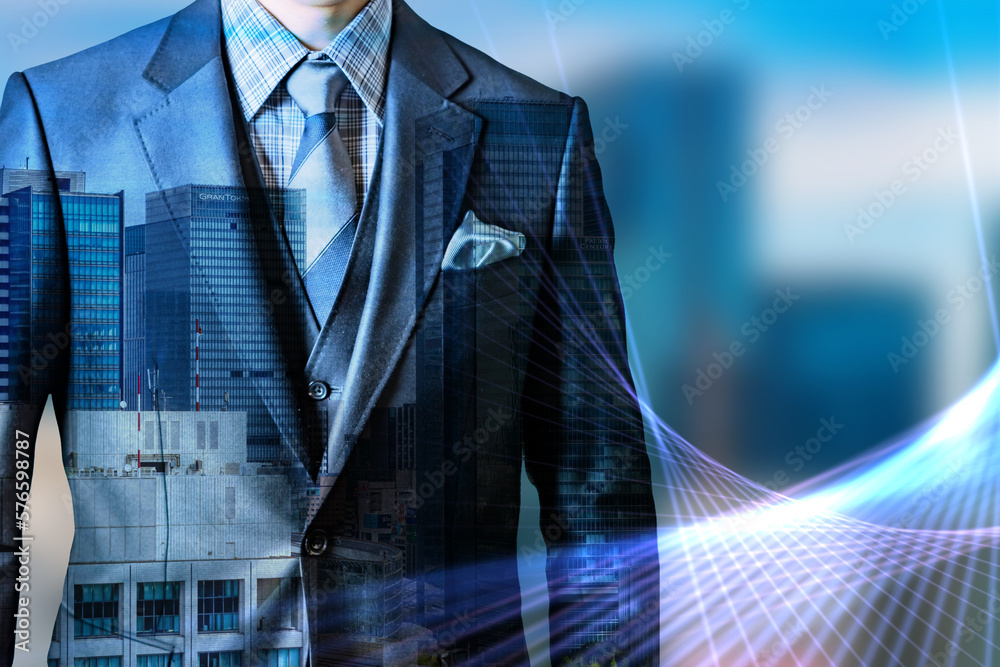 Multiple exposures of elite businessmen and high-rise office buildings ...
