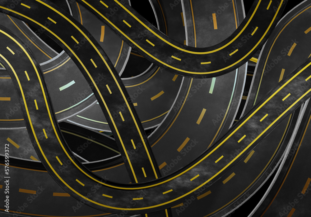 Curved roads. Asphalt driveway with yellow markings. Road background ...