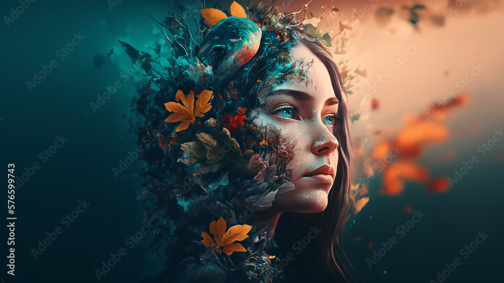 Surreal woman with natural elements over her face. Conceptual ...