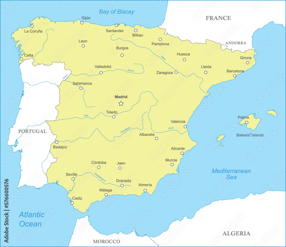 Political map of Spain with national borders Stock Vector | Adobe Stock