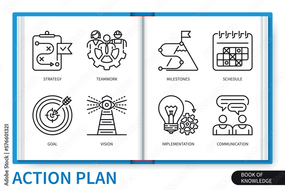 Vetor de Action plan infographics elements set. Teamwork, schedule ...