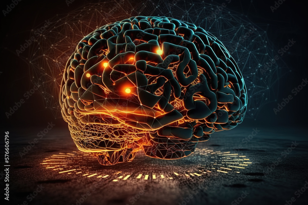 Brain on a grid with lights. Artificial intelligence. Neural network ...