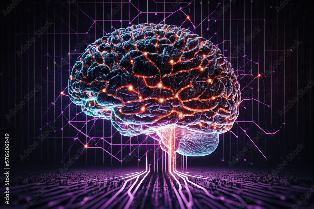 Brain on a grid with lights. Artificial intelligence. Neural network ...