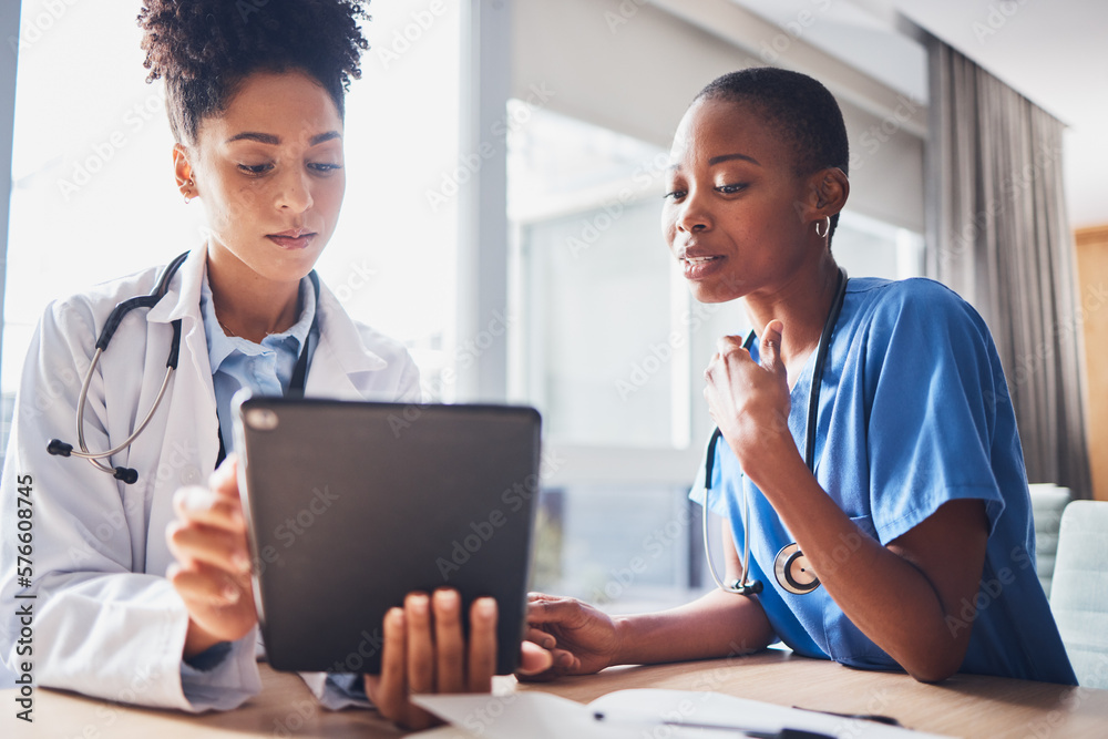 Tablet, black people or nurses with medical research reading news or ...