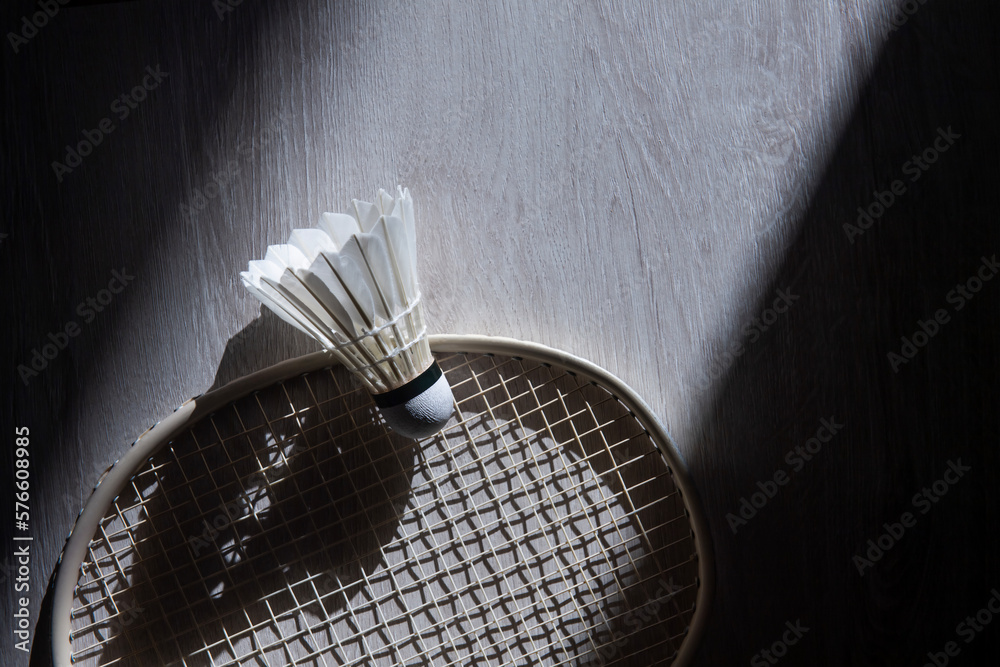 Badminton racket and shuttlecock on grey background. Horizontal sport ...