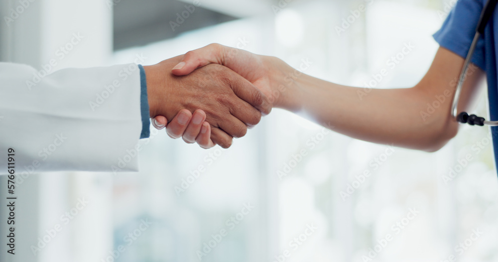 Handshake, doctor and nurse with teamwork, partnership and thank you ...