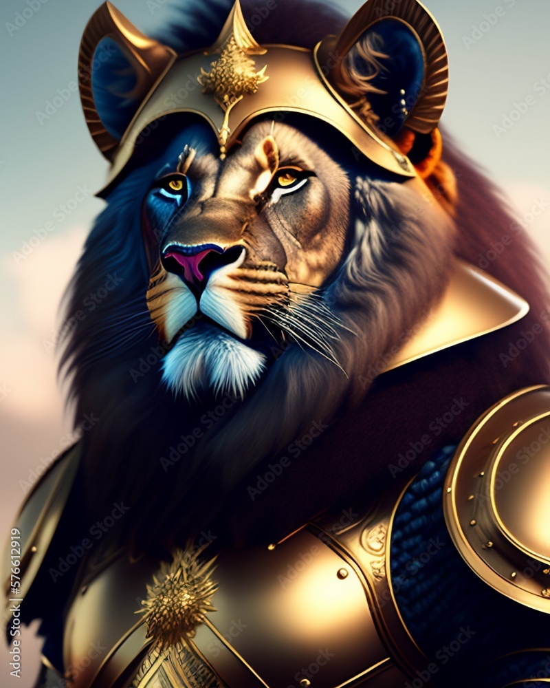 closeup portrait of a male humanoid lion wearing heavy gold combat ...
