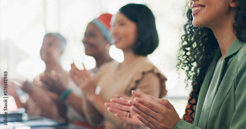 Success, business meeting and team clapping hands for an achievement ...