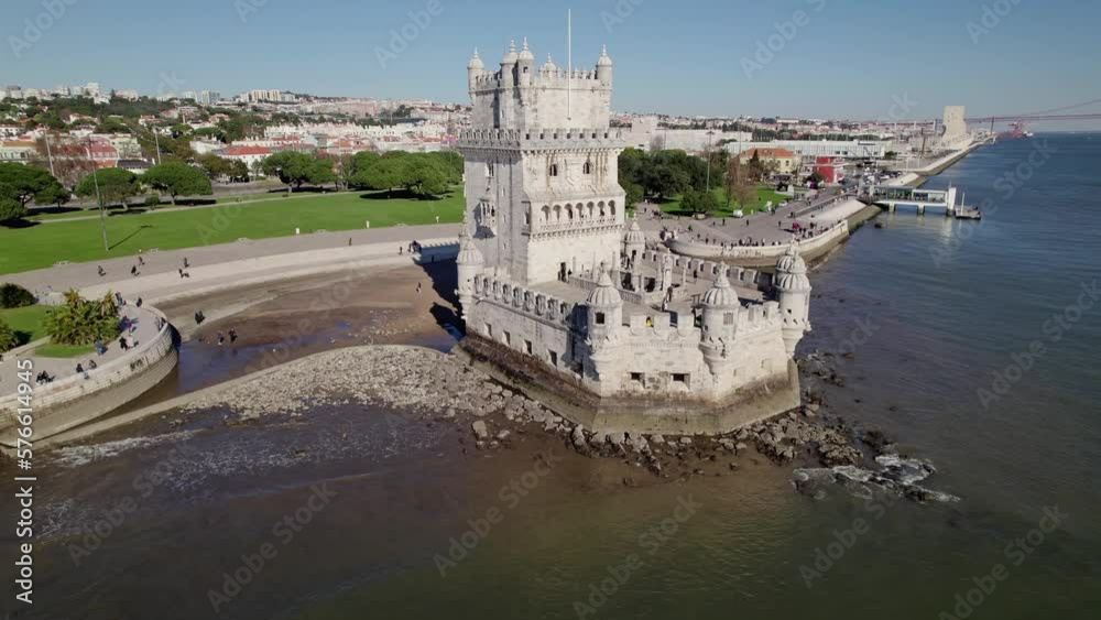 5.4K Drone shot of The Belém Tower -Torre de Belém Tower was built ...