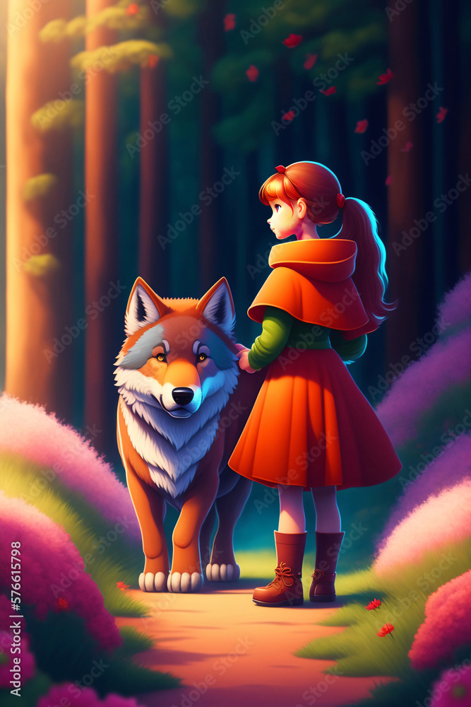 Little Red Riding Hood and the Big Bad Wolf. A little girl dressed in ...