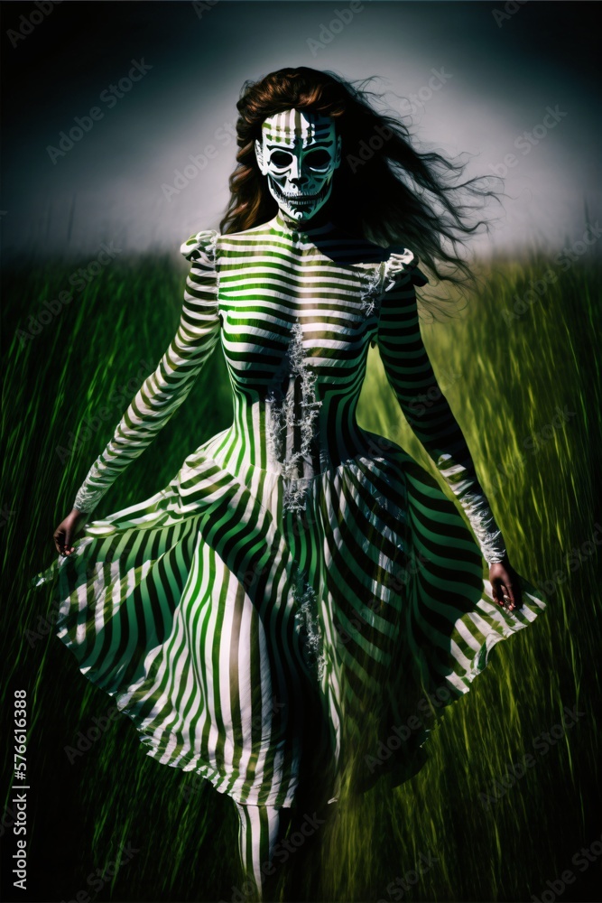 spooky woman with a mask and a dress stands in the middle of a field at ...