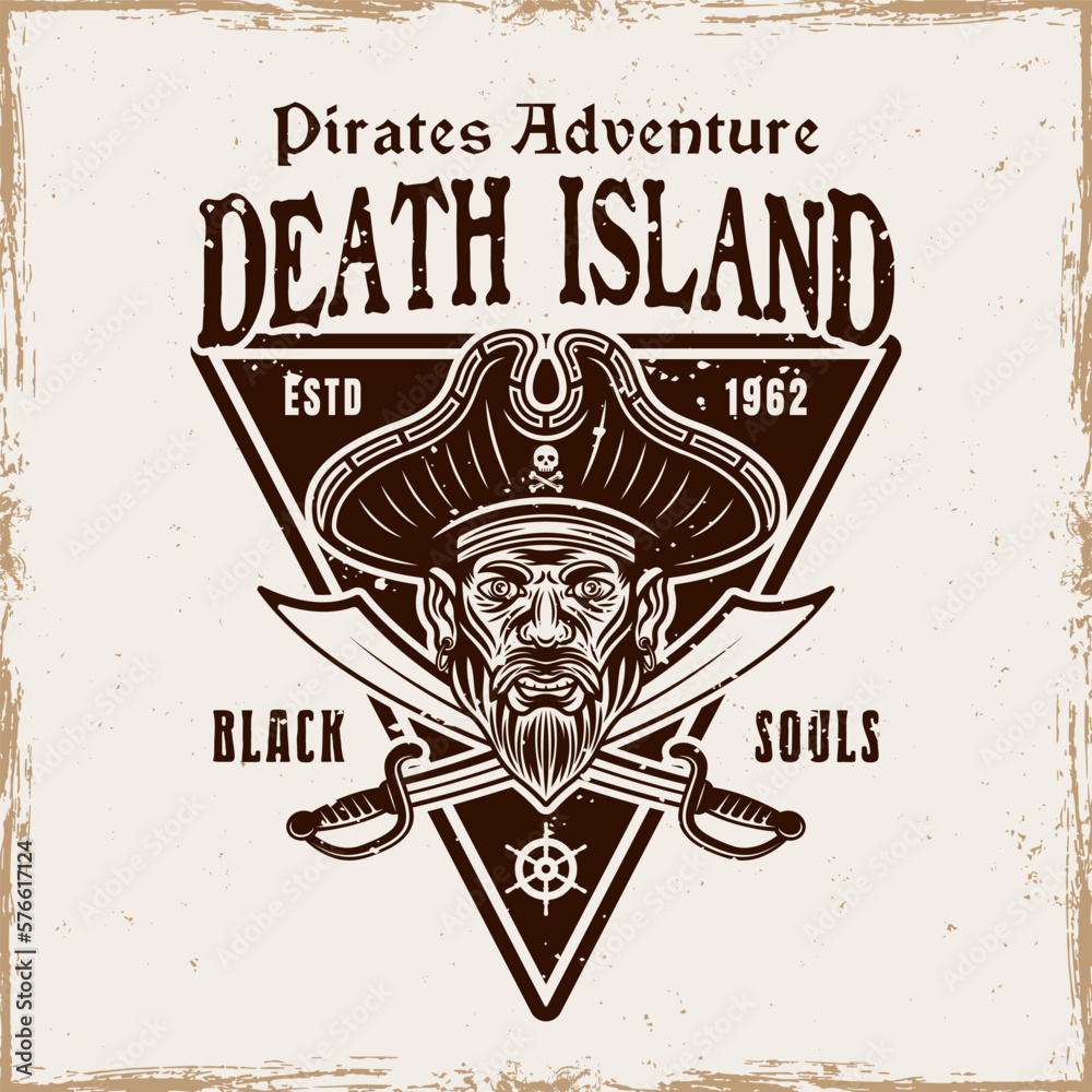 Death island vector pirate emblem with men head and two crossed sabers ...