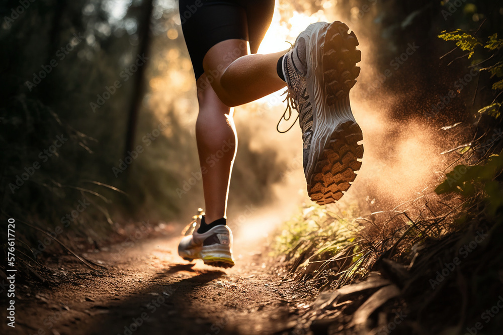 Lady trail runner on forest path with close up of trail running shoes ...