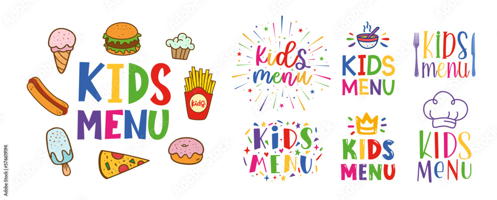Kids menu. Logo set for banner, flyer, poster design. Meal menu vector ...