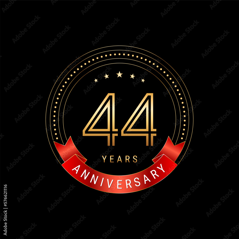44th Anniversary. Anniversary logo design with golden number and red ...