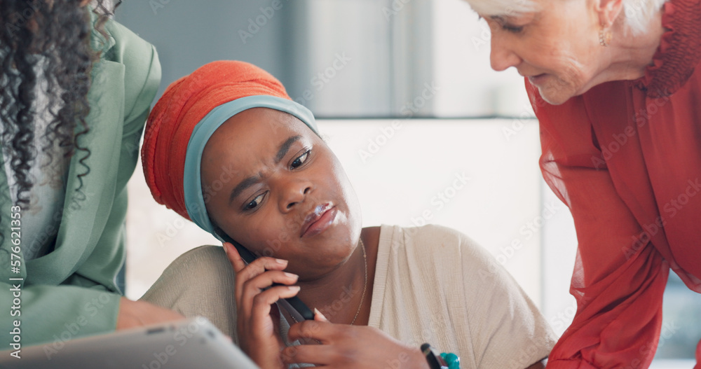 Black woman, face with stress and multitasking, burnout in business and ...