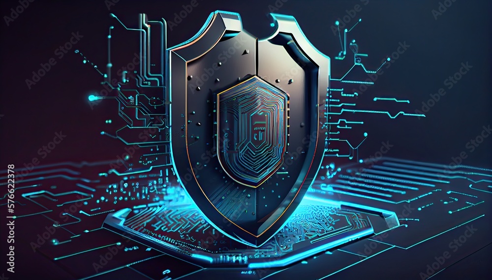 shield with a lock icon is displayed on a circuit board and network wireframe with binary code ...