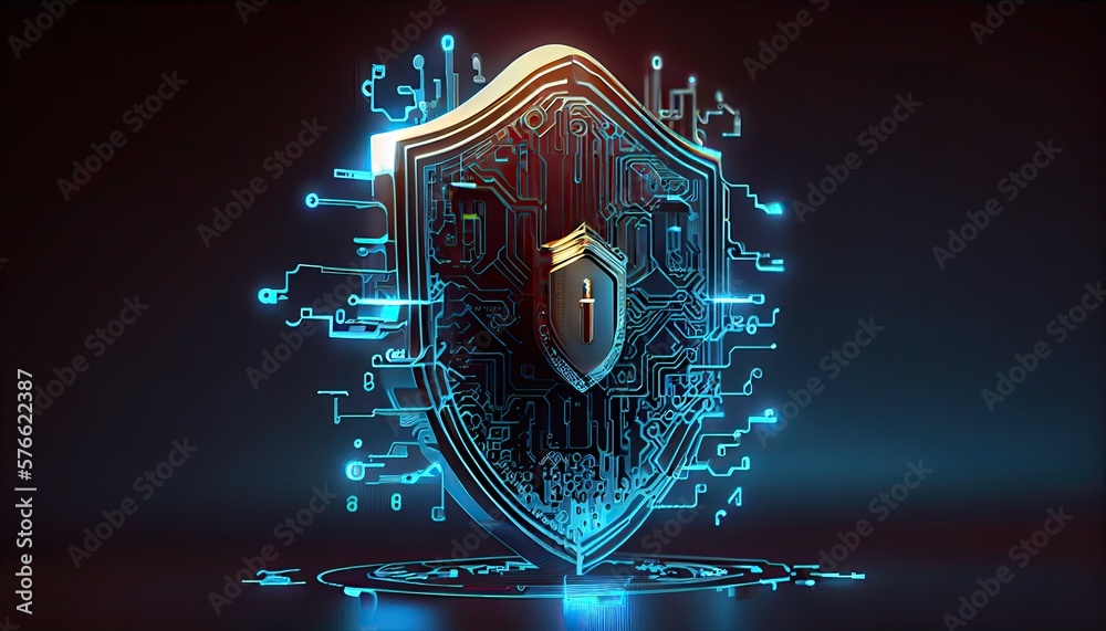 shield with a lock icon is displayed on a circuit board and network wireframe with binary code ...