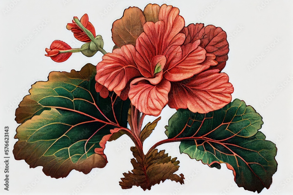 Begonia Flower Botanical Illustration, Pot Flowers Realistic Painting ...