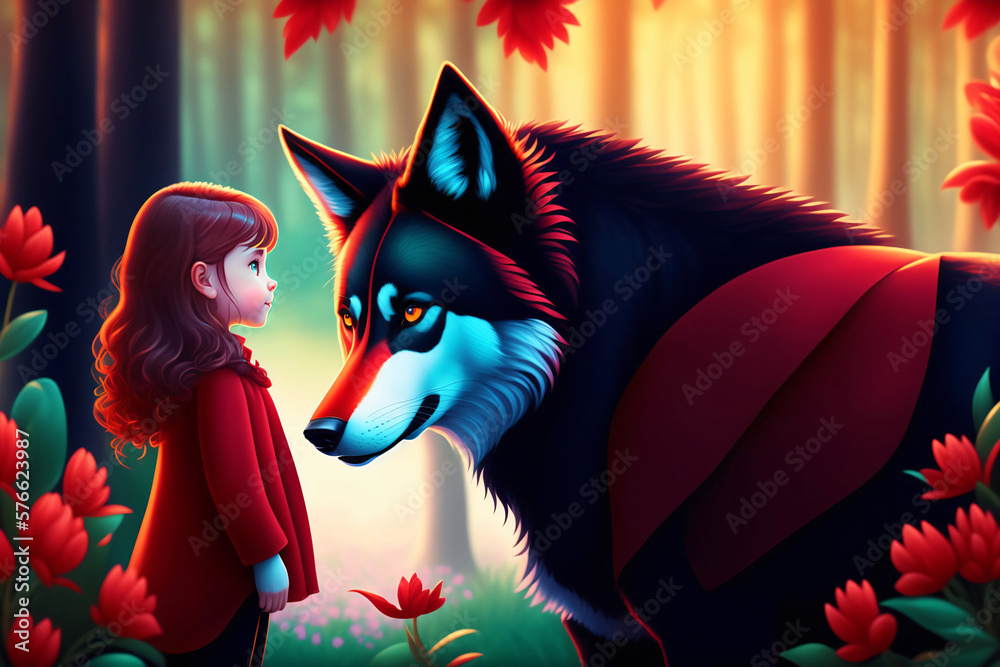 Little Red Riding Hood and the Big Bad Wolf. A little girl dressed in ...