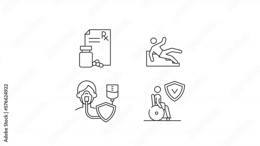 Animated medical linear icons. Health insurance. Long-term care ...