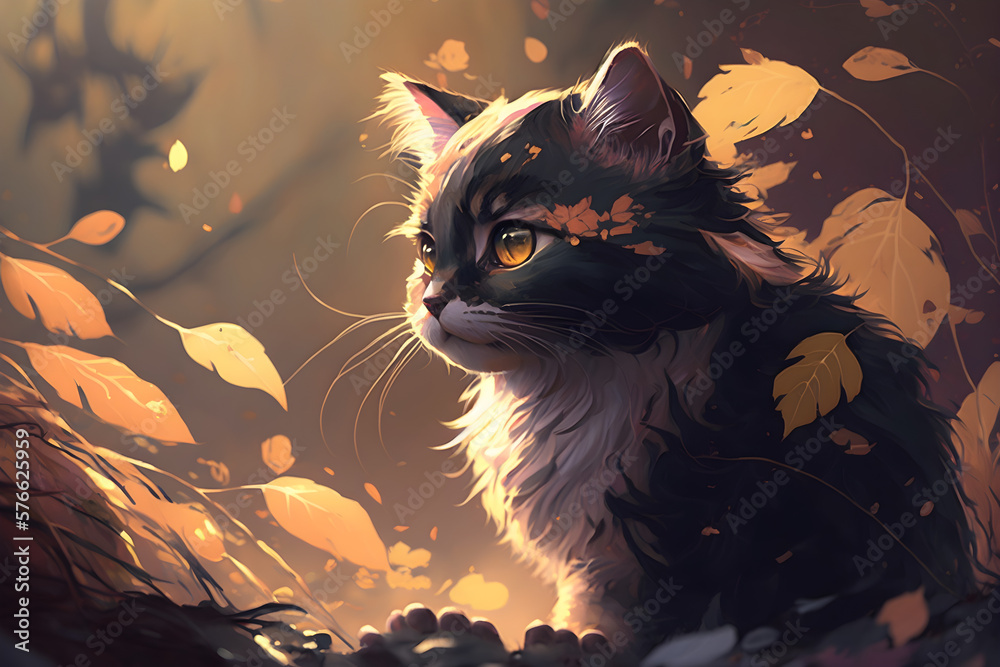 beautiful cat with a beautiful background, comic style, anime style ...
