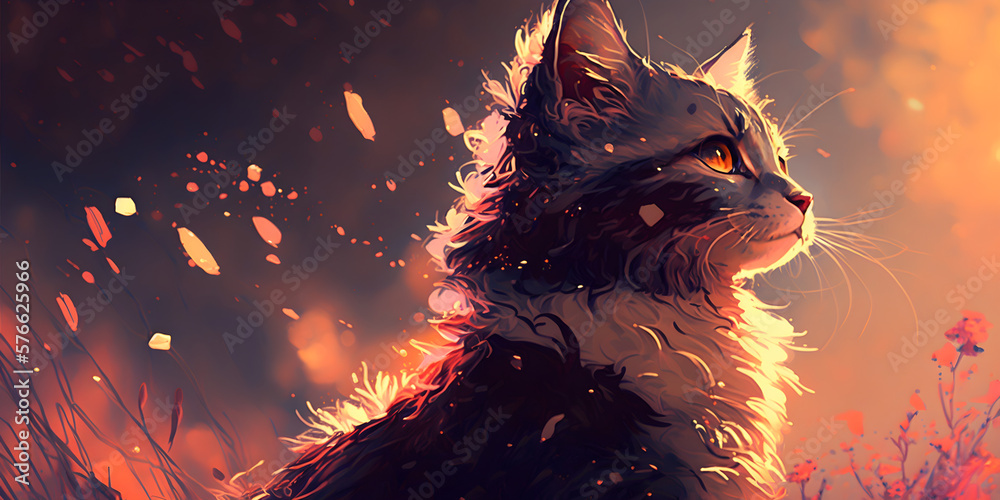 beautiful cat with a beautiful background, comic style, anime style ...