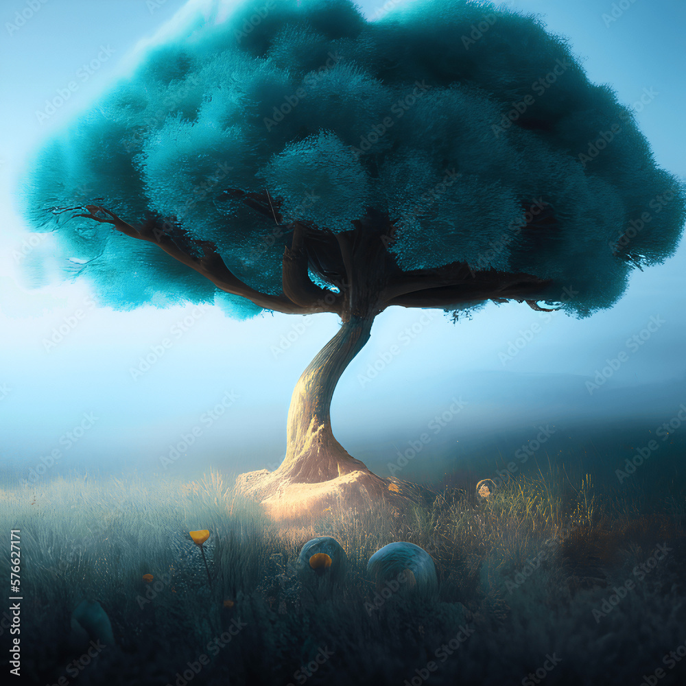 cyan color tree in the forest, ai generated images Stock Illustration ...