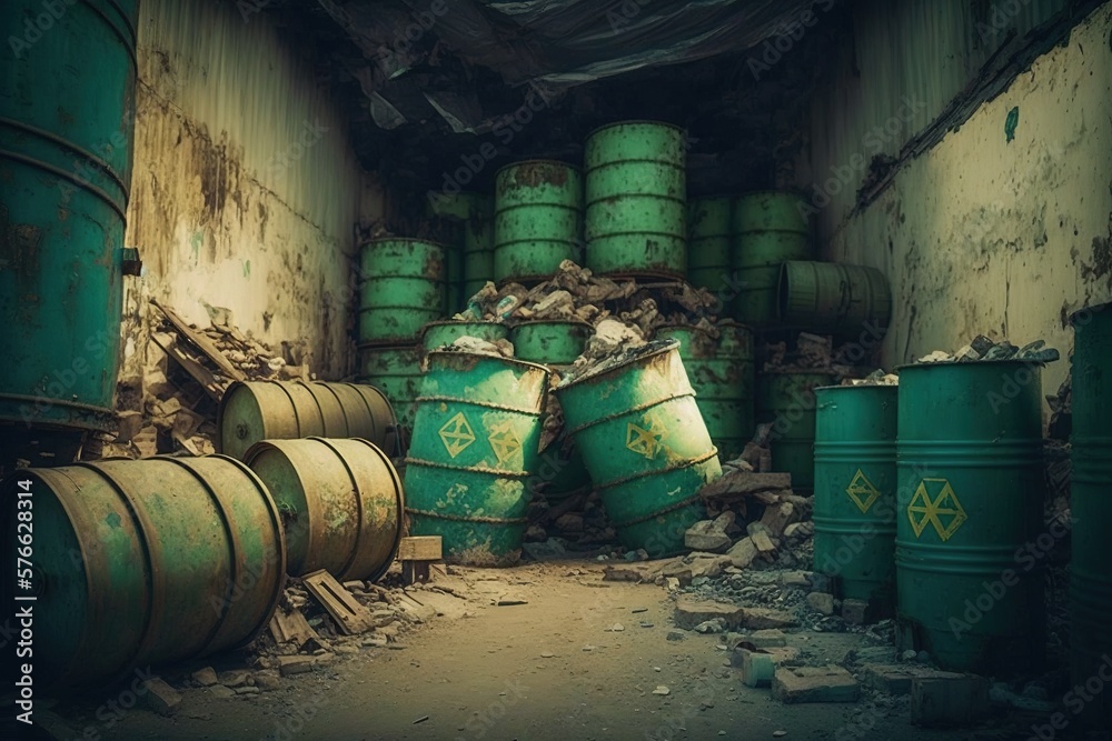 an illustration of radioactive toxic waste barrels stored in an ...
