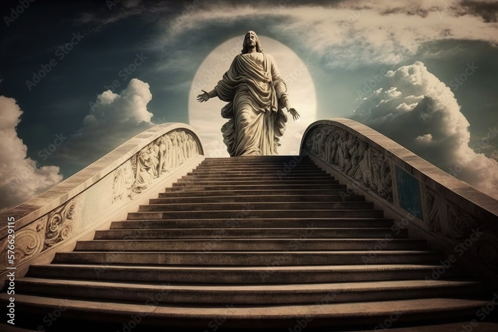 an illustration of Jesus Christ or God at the top of a stairway to ...