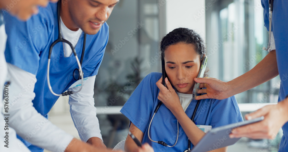 Burnout, doctor with phone call and medical paperwork, stress and ...