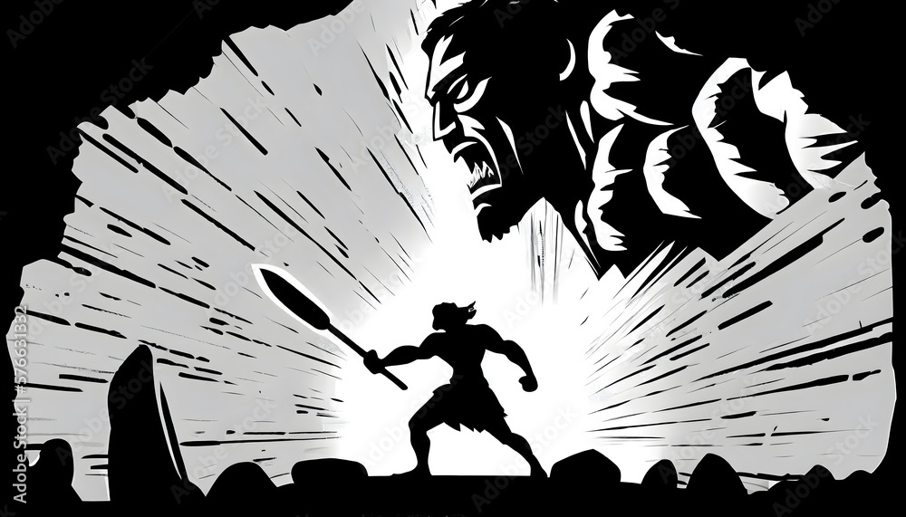 David and Goliath in the middle of battle on a white background ...