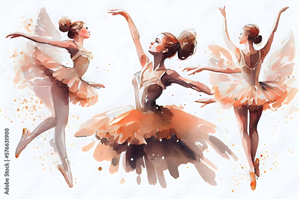 Watercolor isolated dancing ballerinas. Hand-drawn classic ballet ...