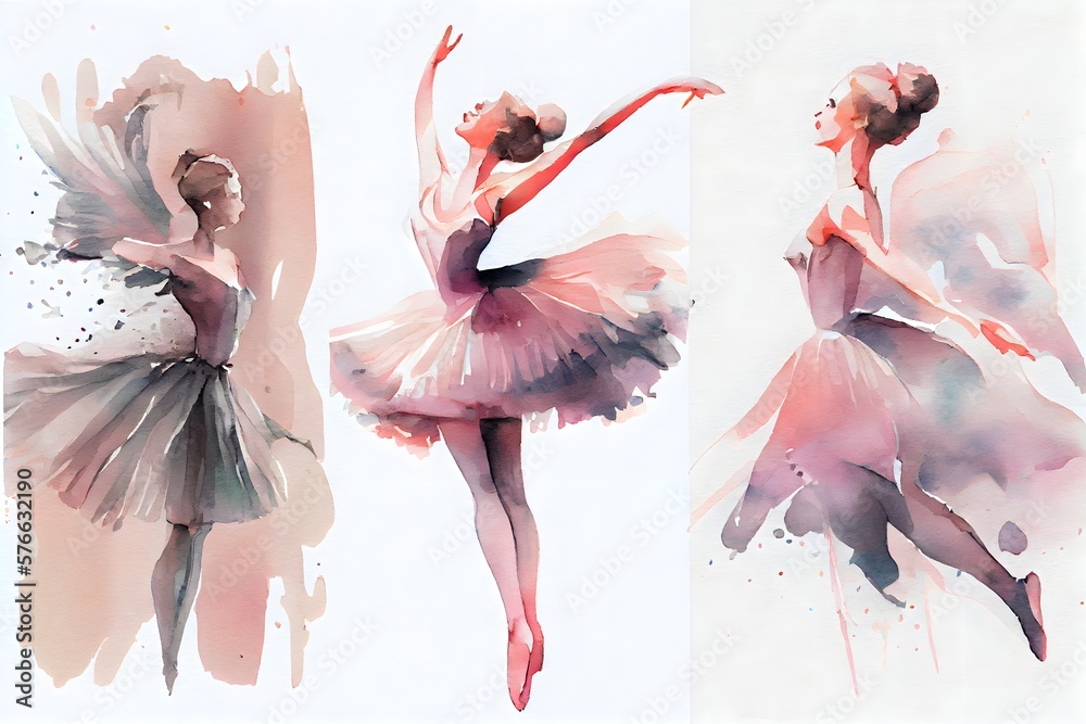 Watercolor isolated dancing ballerinas. Hand-drawn classic ballet ...