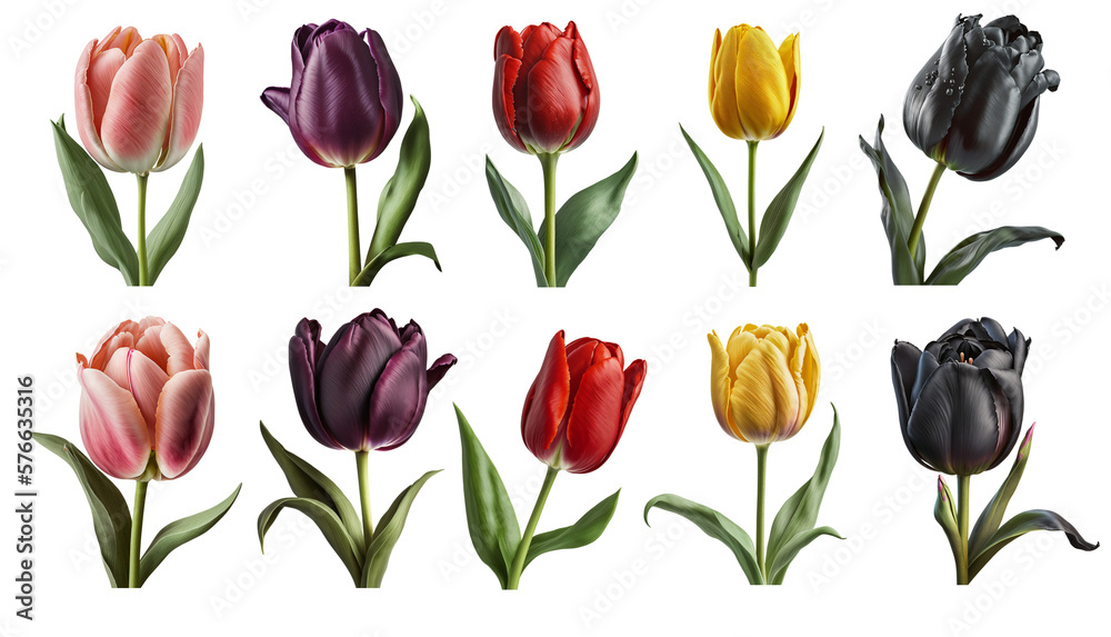 Ten different types of tulips, spring bloomers, rose, purple, red ...