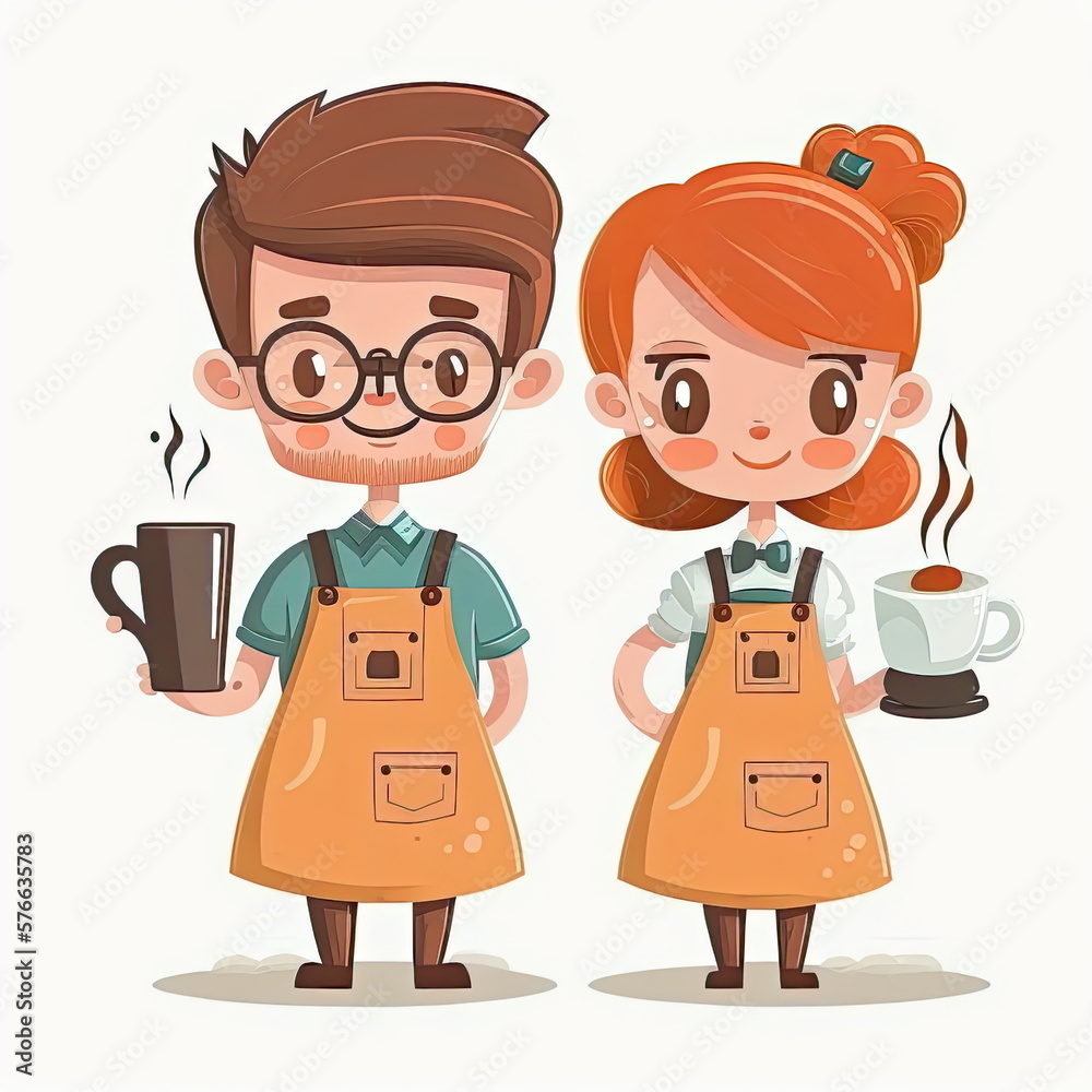 cute cartoon couple barista in apron , happy character, white ...
