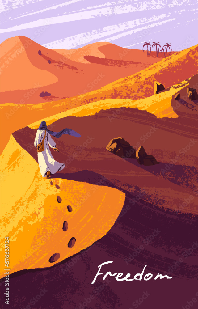 Person walking in dry desert alone. Bedouin back, going away with ...
