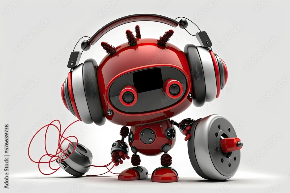 Cute robot wearing headphones and zoning out against a white background ...