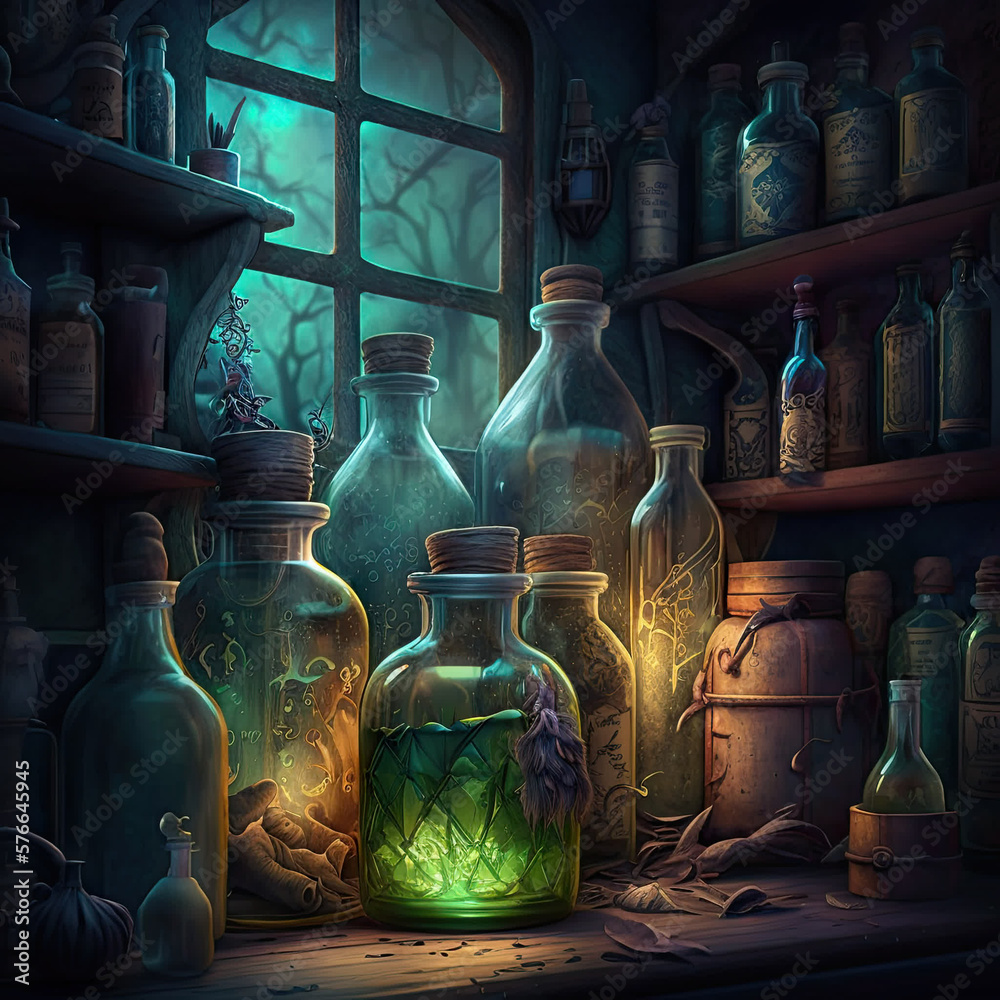 Magic alchemical laboratory, witch potions, with different color liquid ...