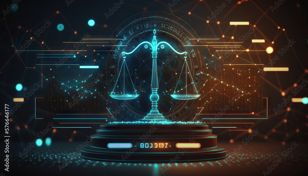 Law scales on background of data center. Digital law concept of duality ...