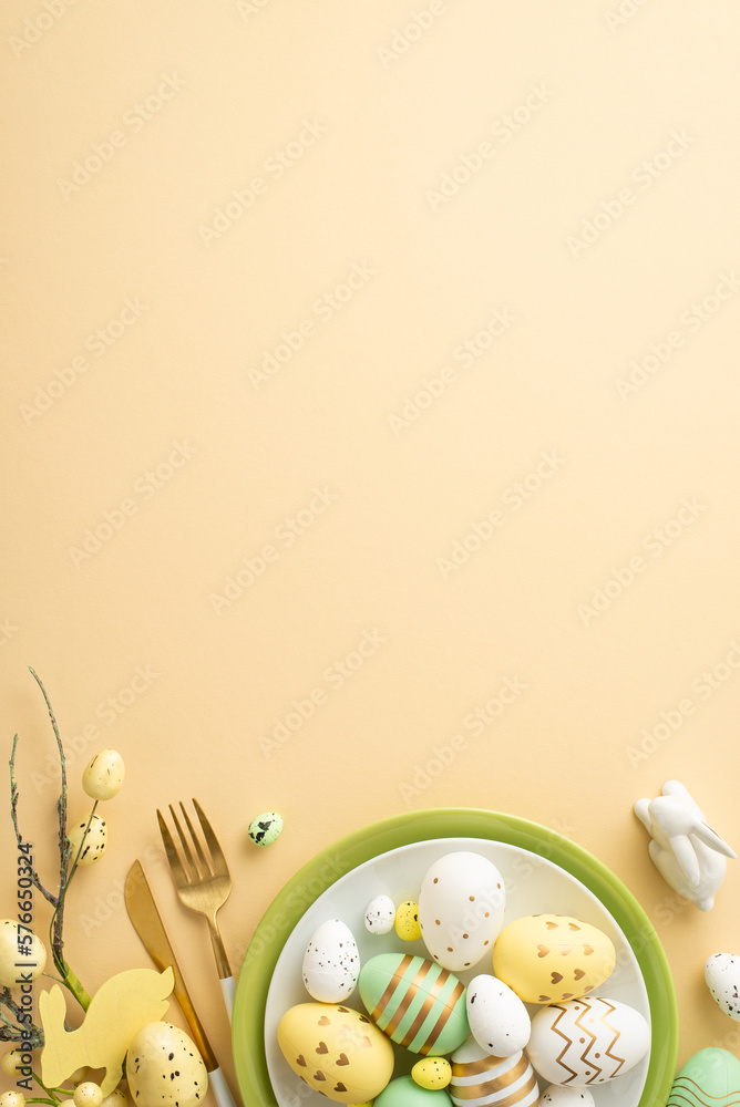 Easter celebration concept. Top view vertical photo of plates with lot ...