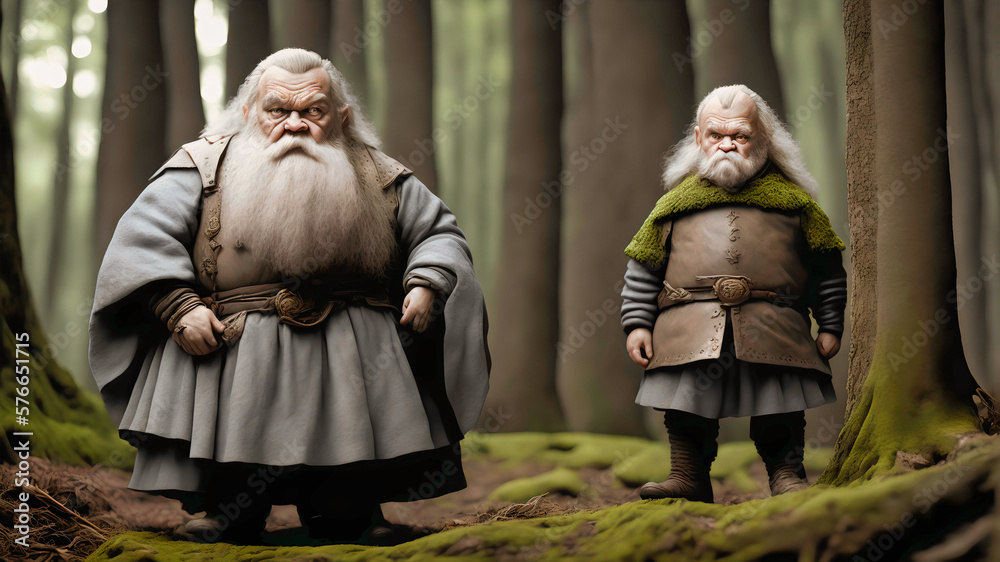 closeup of two photo-realistic dwarfs old man with long white beard and ...