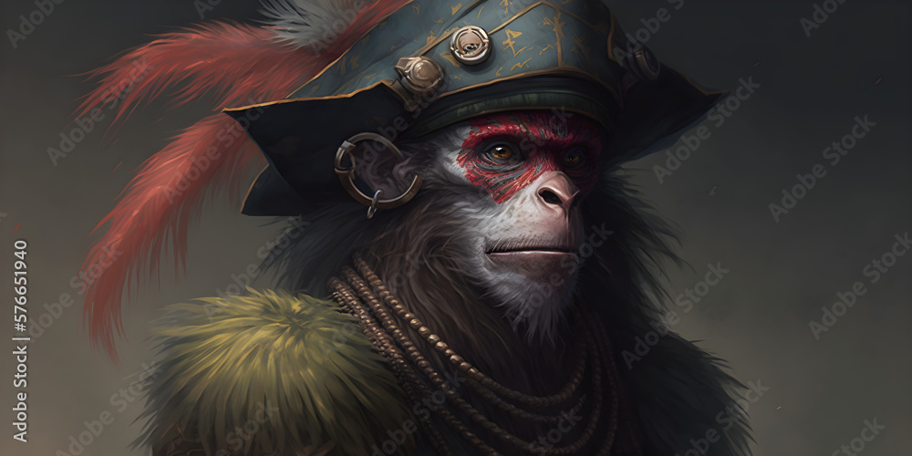 humanoid baboon pirate, bandana around his head: wearing a large hat ...