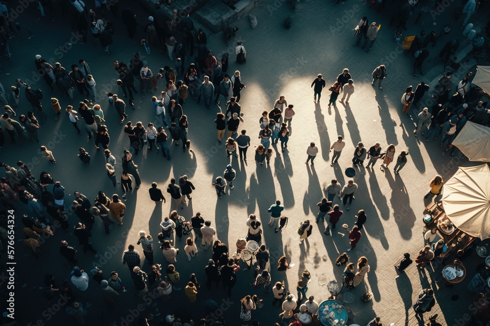 Group of people gather and walk in the city, aerial view of a crowd. Ai ...