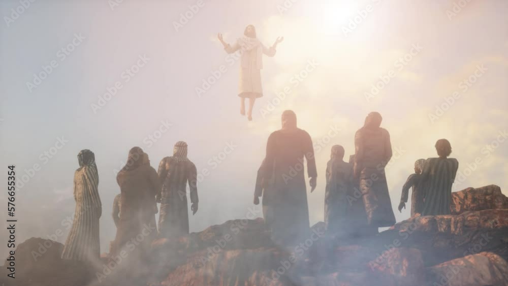 Jesus rising to heaven on the Mount and the Twelve Apostles 3d render ...