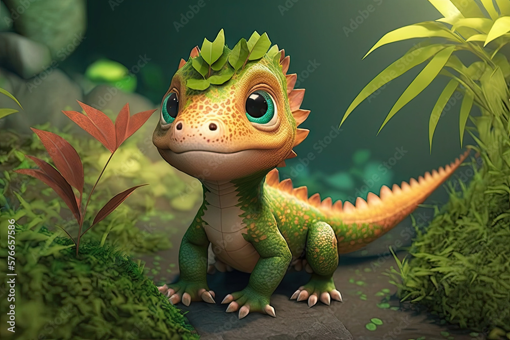 a cute adorable baby dragon lizard 3D Illustation stands in nature in the style of children ...