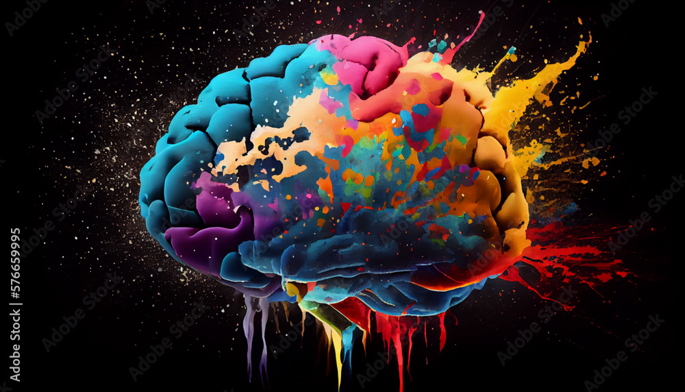 Concept art of a human brain exploding with knowledge and creativity ...