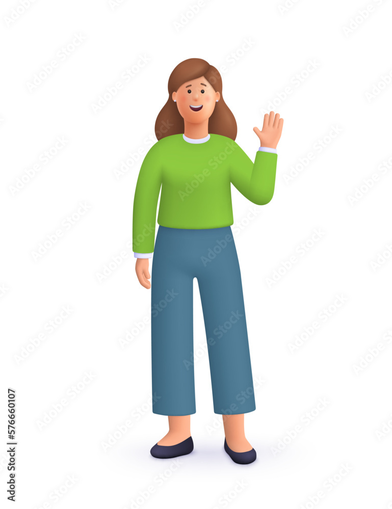 Young smiling woman standing with greeting gesture, saying Hello, Hi or ...