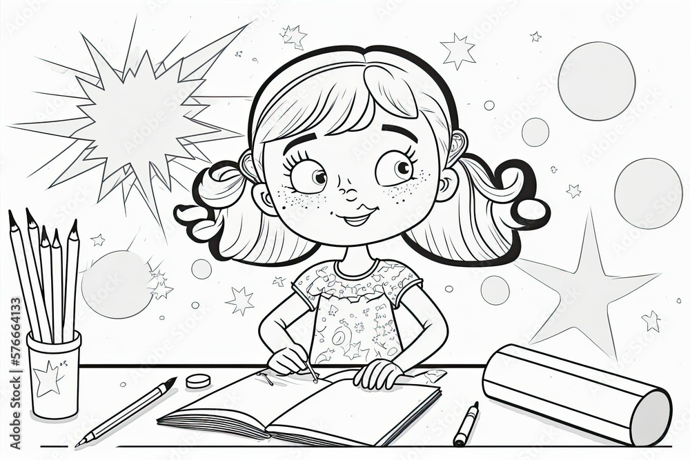 a lovely little girl completing her schoolwork in a coloring page for ...