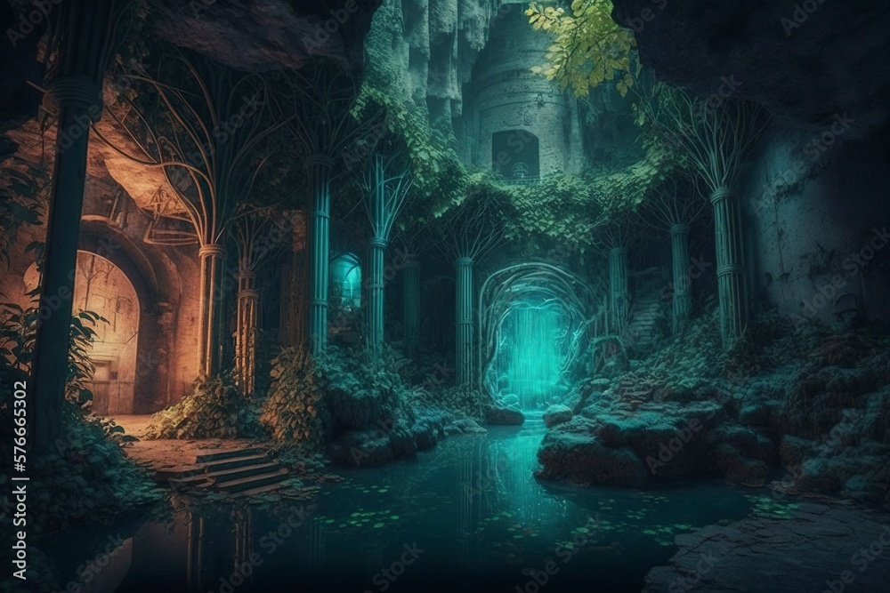 dark fantasy underground city built on network of canals, generative ai ...